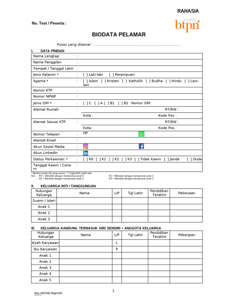 Form Biodata Pelamar - 2023 | PDF