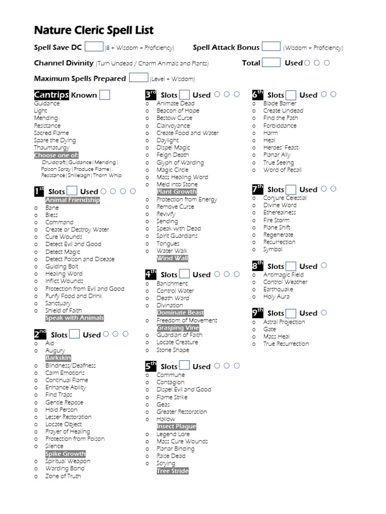 Nature Cleric Spell List | PDF