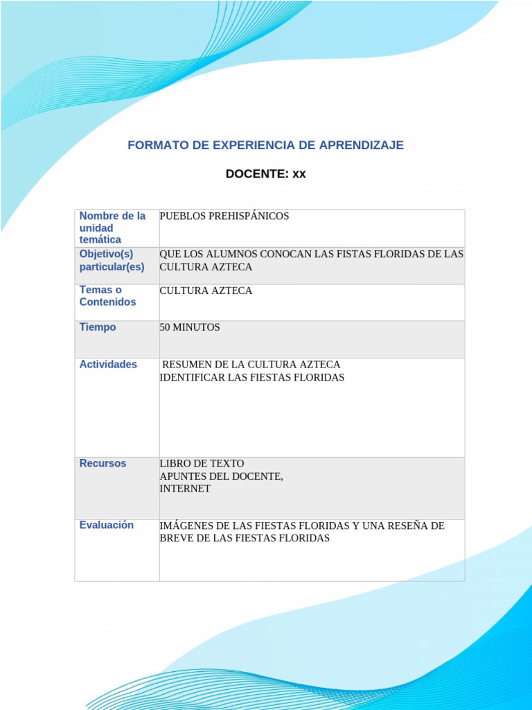 Formato de Experiencia de Aprendizaje | PDF