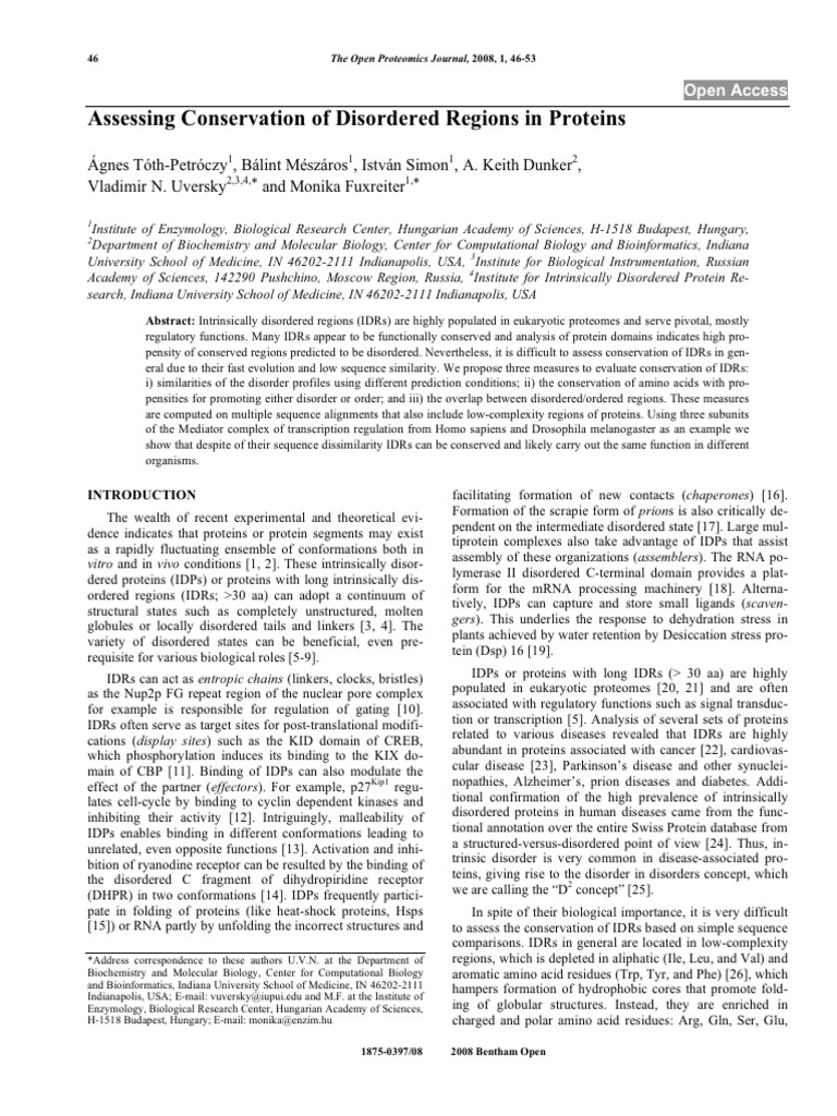2008 - Assessing Conservation of Disordered Regions in Proteins | PDF ...