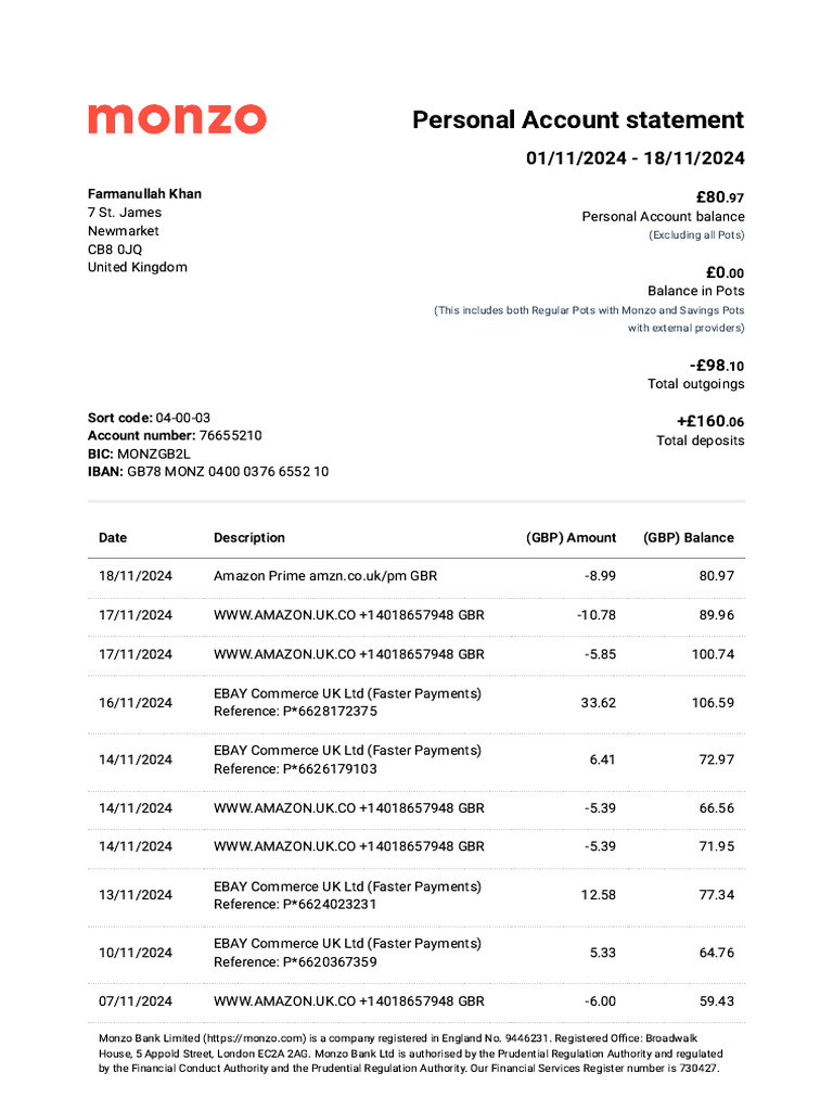 Monzo - Bank - Statement - 2024 11 01 2024 11 18 - 5791 | PDF | Money ...