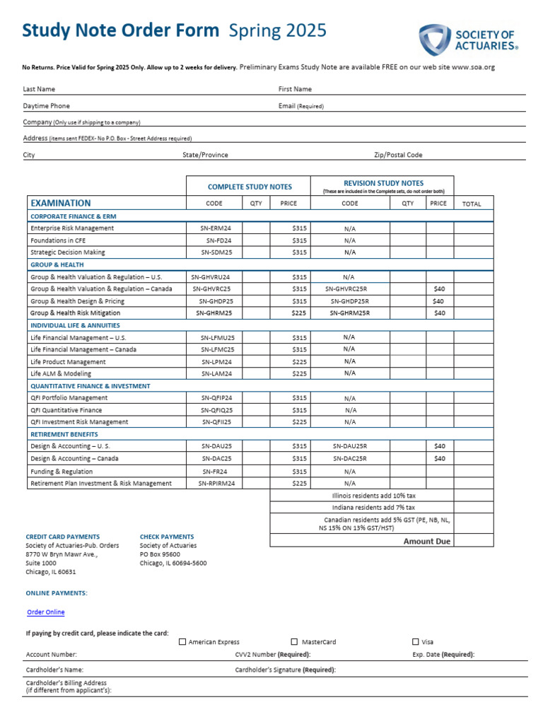 2025 Spring Study Note Order Form | PDF | Credit Card | Business