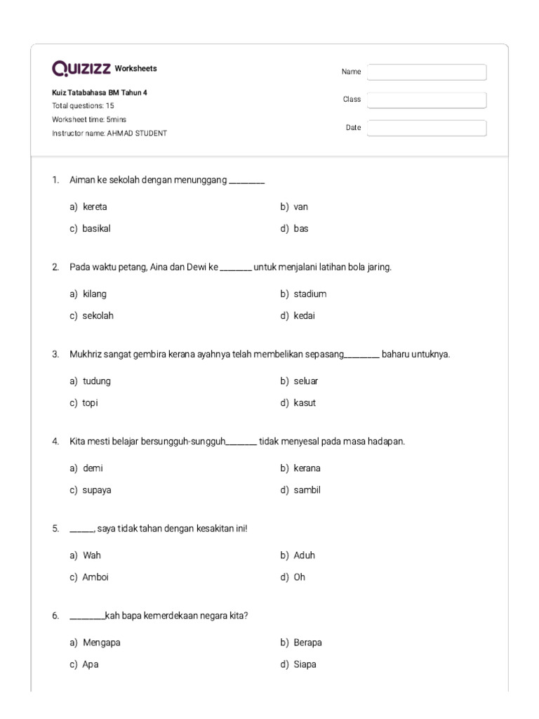 Kuiz Tatabahasa BM Tahun 4 _ Quizizz | PDF
