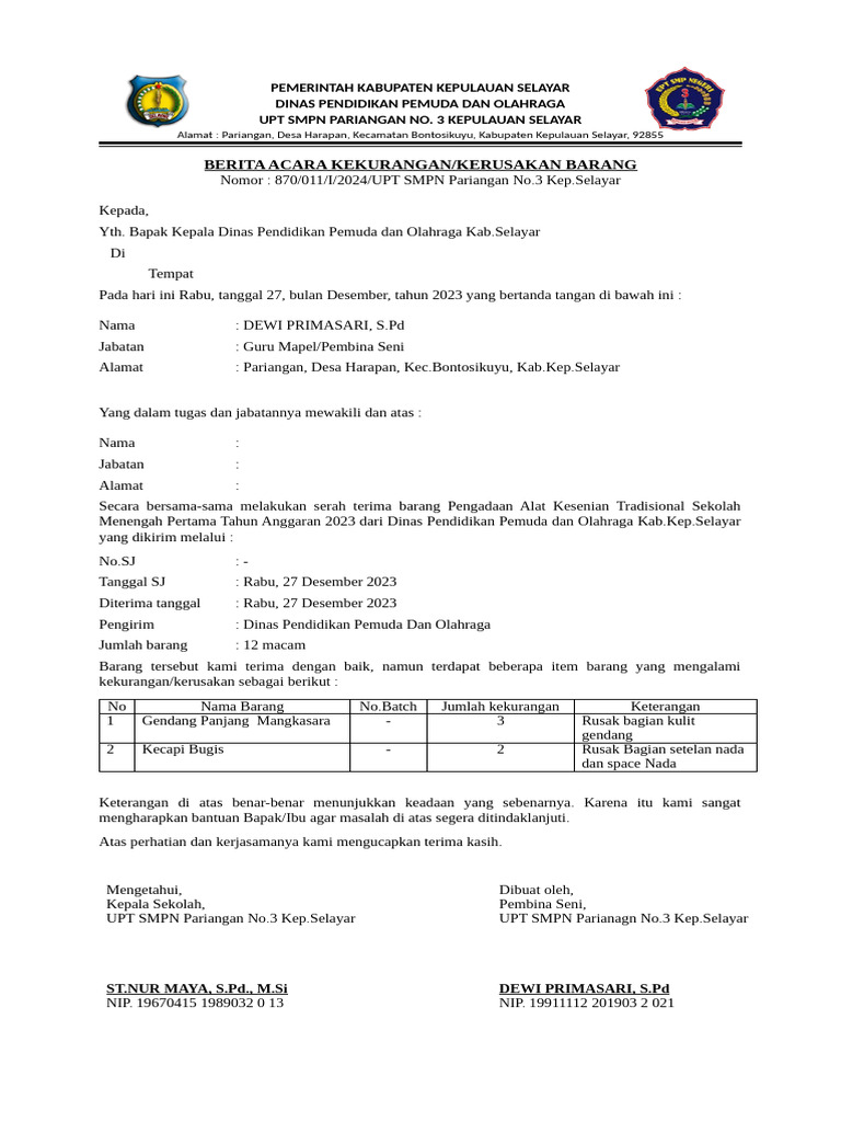 Berita Acara Barang Rusak | PDF
