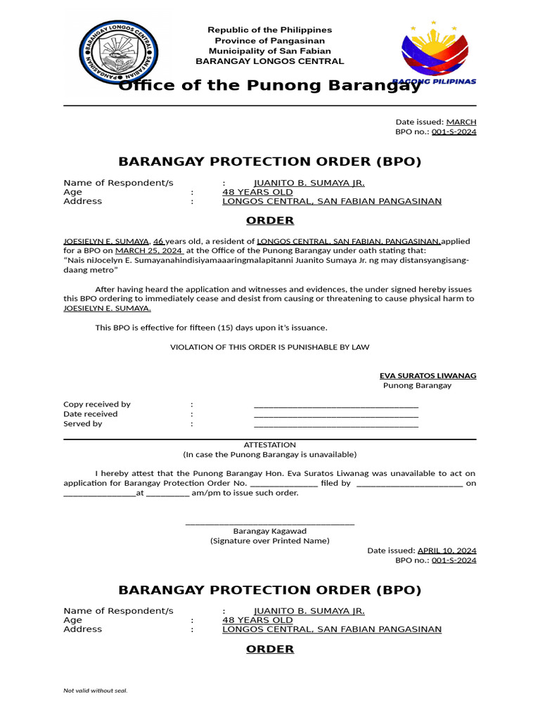 BARANGAY PROTECTION ORDER | PDF