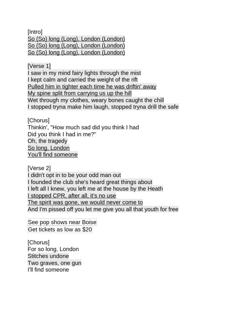 SO LONG, LONDON Song Lyrics by Taylor Swift | PDF