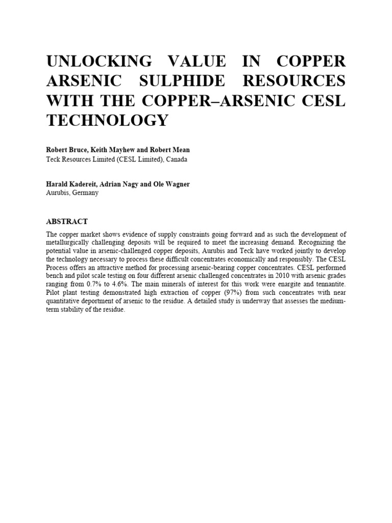 Bruce et al 2011 Value in Copper Arsenic Sulphide with Copper-Arsenic ...