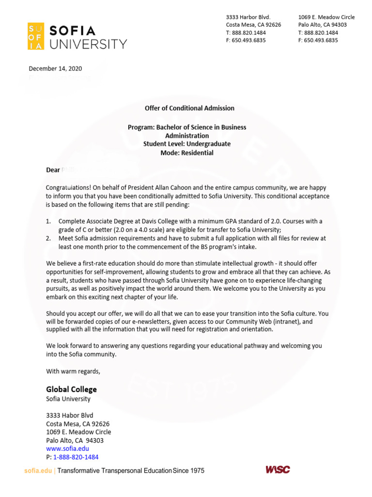 Sample Acceptance Letter Conditional Acceptance | PDF