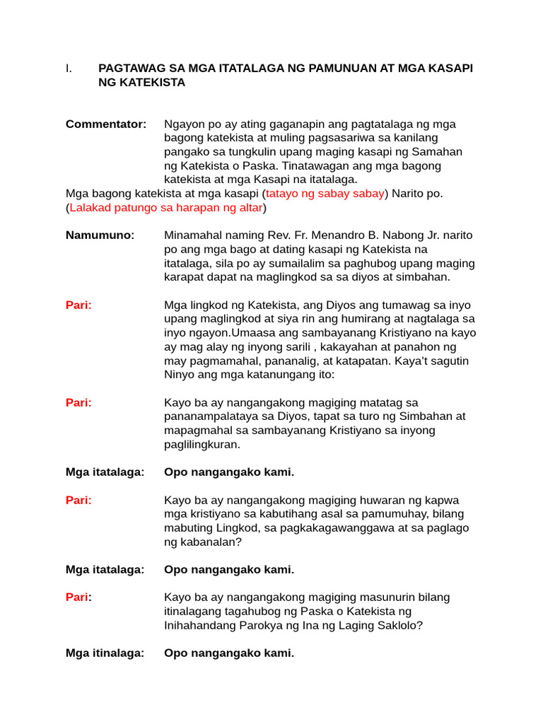 Pagtawag Sa Mga Itatalaga NG Pamunuan at Mga Kasapi NG Katekista | PDF