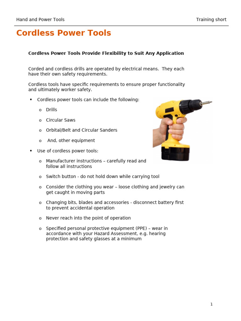 Cordless Power Tools Safety Training | PDF | Drill | Switch
