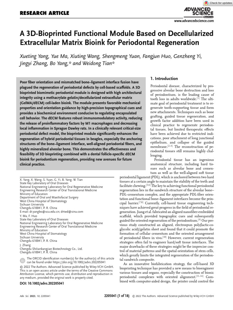 Advanced Science - 2022 - Yang - A 3D%E2%80%90Bioprinted Functional ...