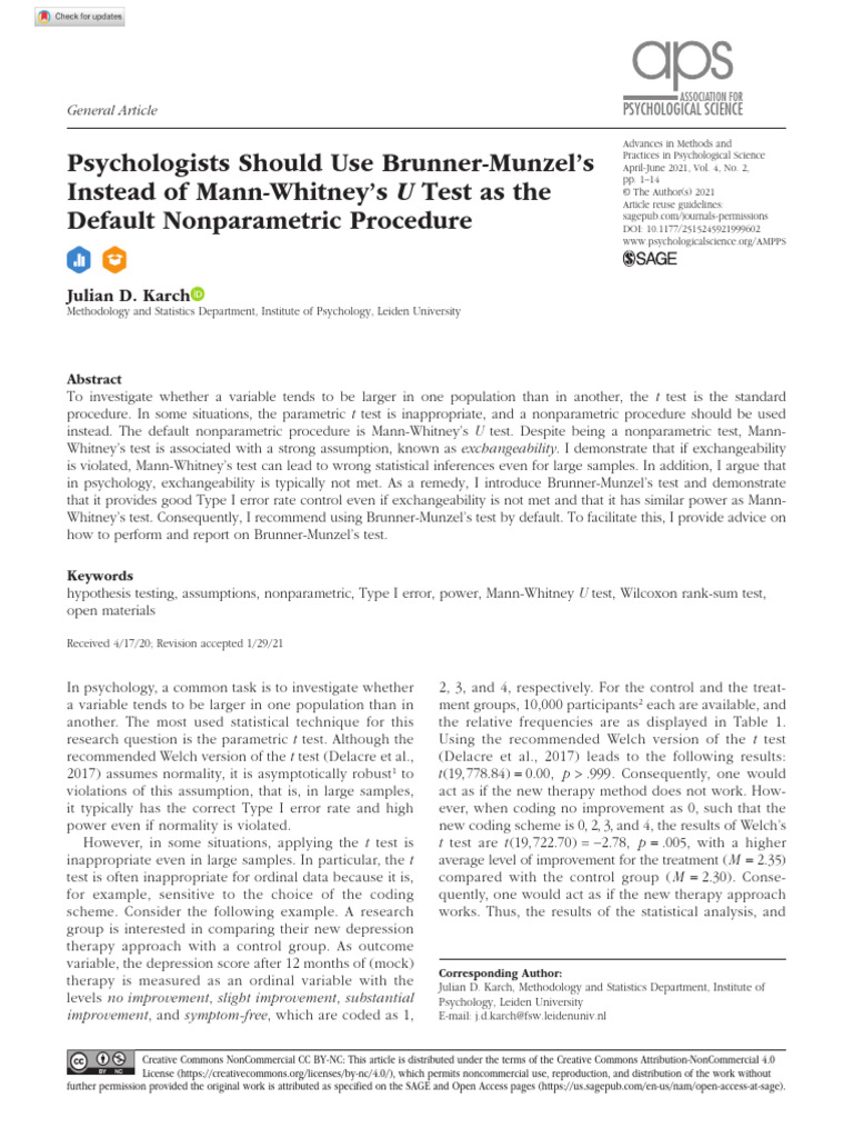 Psychologists Should Use Brunner-Munzel's Instead of Mann-Whitney's U ...