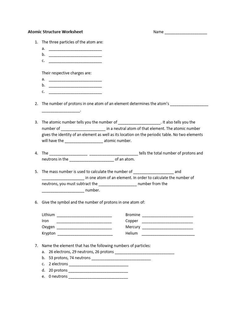 Atomic Structure Worksheet 2 | PDF | Chemical Elements | Atoms