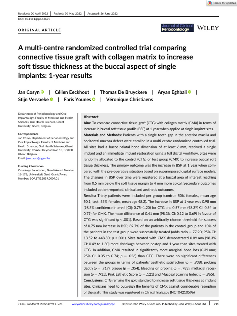 J Clinic Periodontology - 2022 - Cosyn - A Multi%E2%80%90centre ...