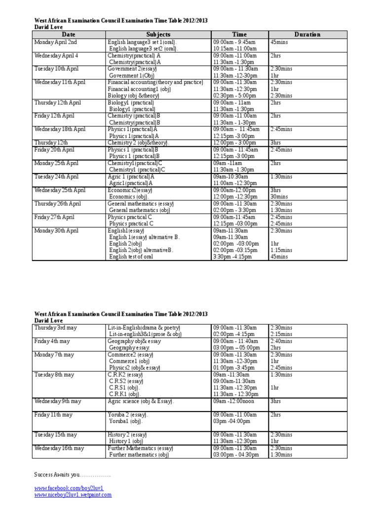 Waec Time Table | PDF