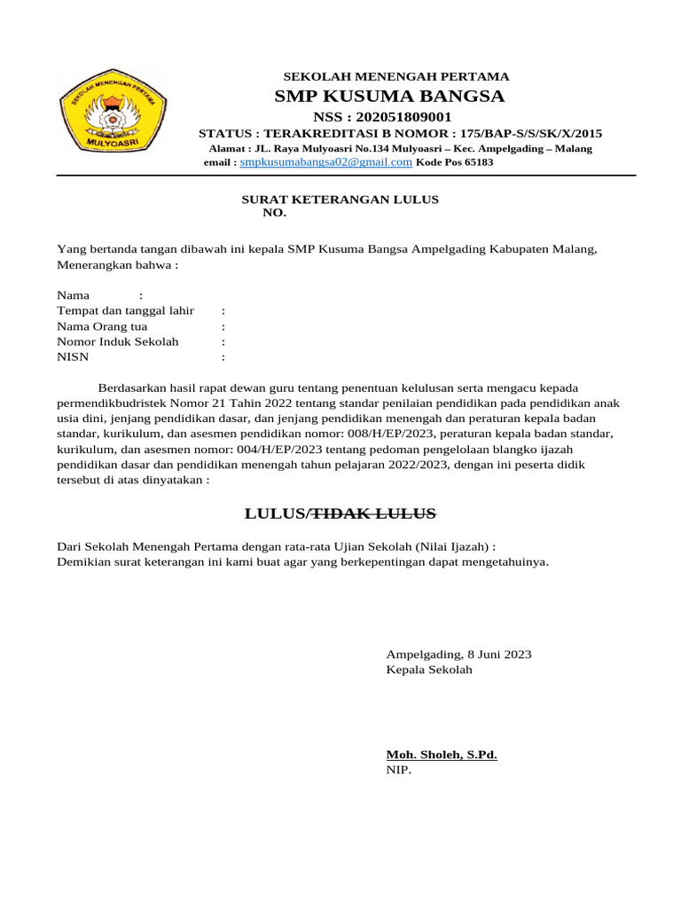 Surat Keterangan Lulus SMP 2023 | PDF