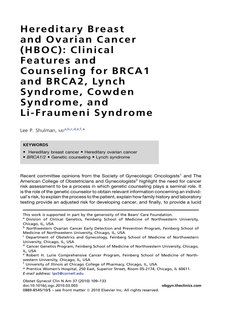 Hereditary Breast and Ovarian Cancer (HBOC) Clinical Features and Counseling For BRCA1 and BRCA2 ...