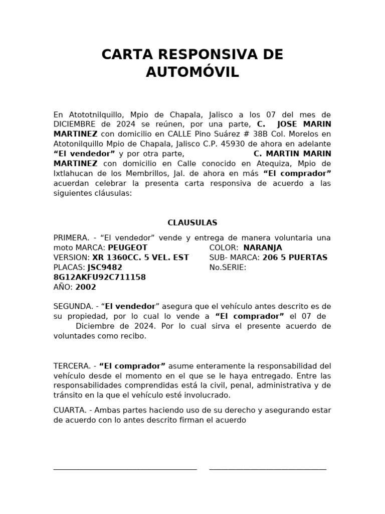 Carta Responsiva de Motocicleta | PDF