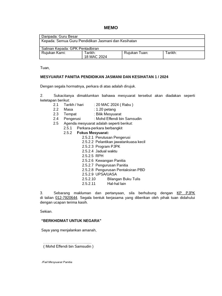 MEMO 1 PANITIA PJK 2024 | PDF
