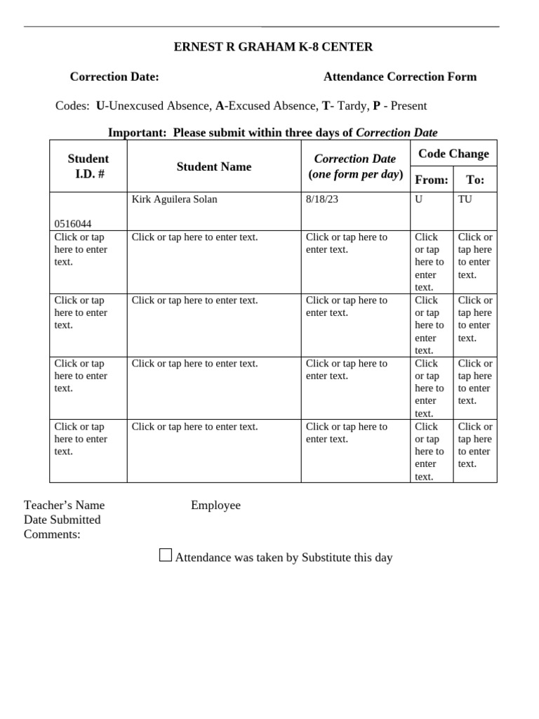Attendance Correction Form 2020-2021 Fillable 2020 | PDF