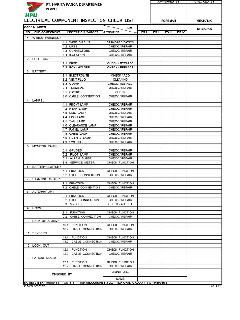 4.PLT 2011 F013 Check Sheet Electric | PDF | Electrical Connector ...