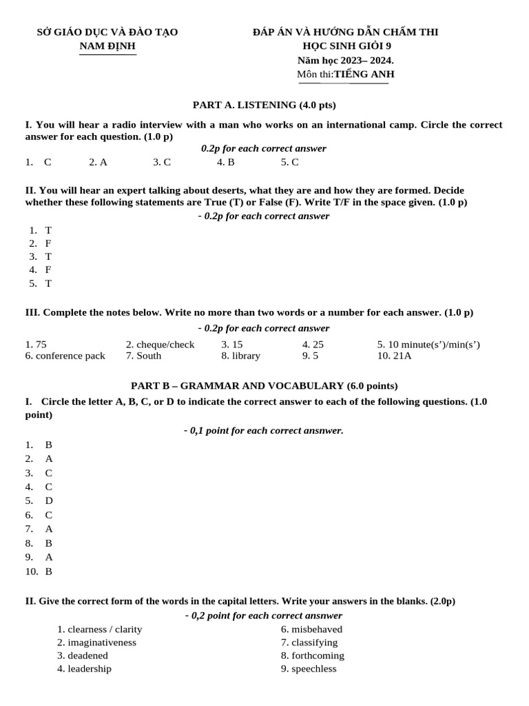 DAP AN HSG ANH 9 | PDF