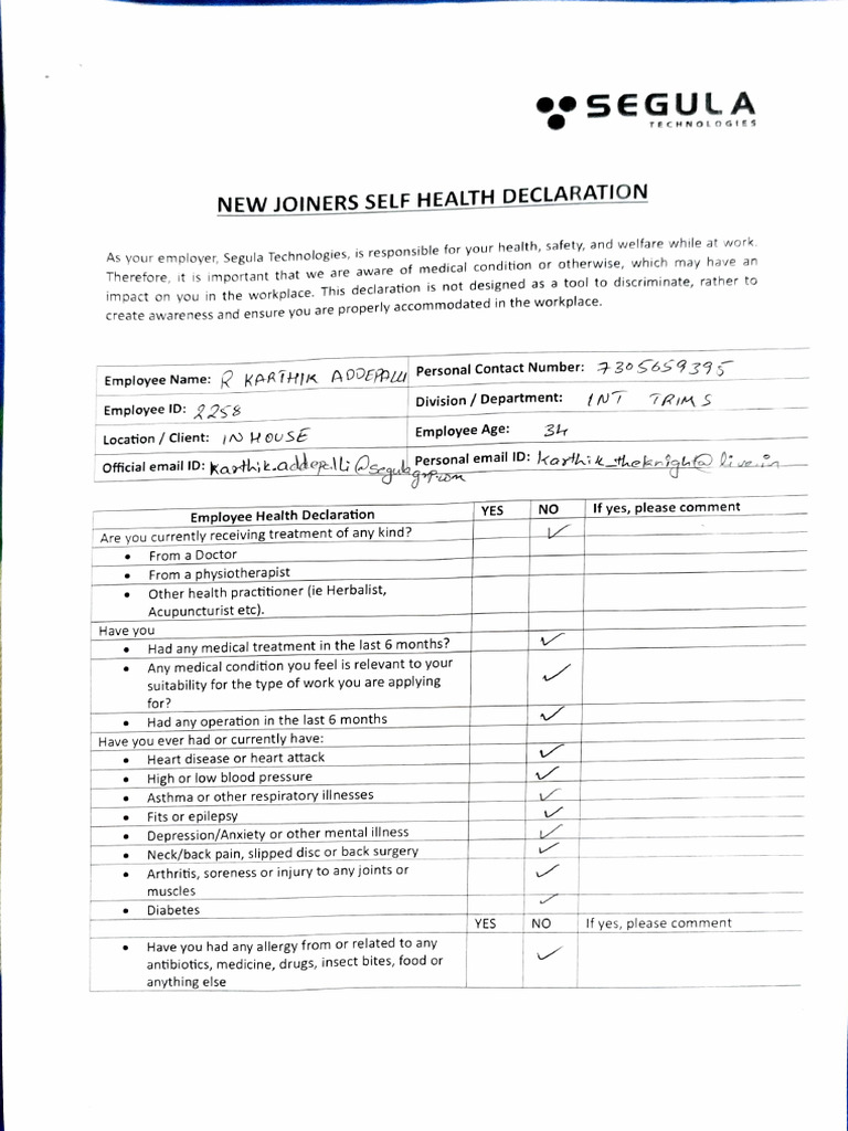 New Joiners Self Health Declaration | PDF | Causes Of Death | Health Sciences