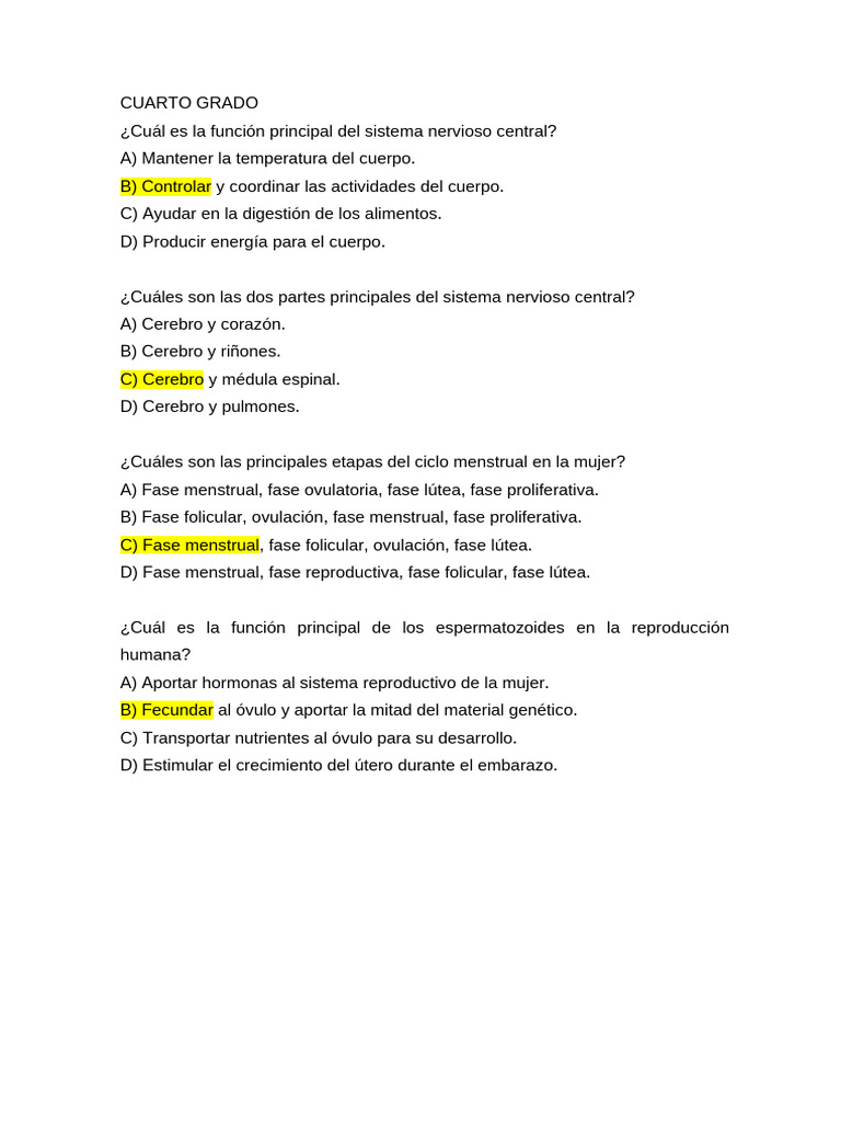 Banco de Preguntas Cuarto Grado | PDF