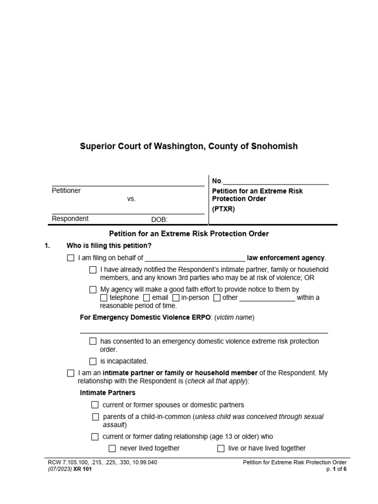 Petition for Extreme Risk Protection Order | PDF | Violence | Firearms