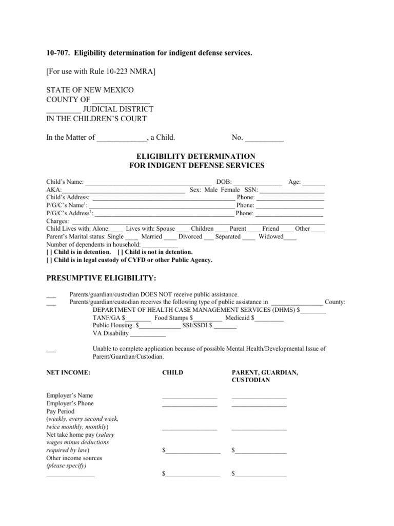 Indigent Defense Eligibility Form NM | PDF | Legal Guardian | Expense