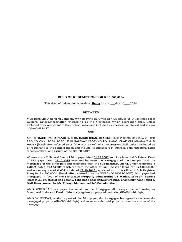 Deed of Redemption Al Iqbal Traders | PDF | Mortgage Law | Natural ...
