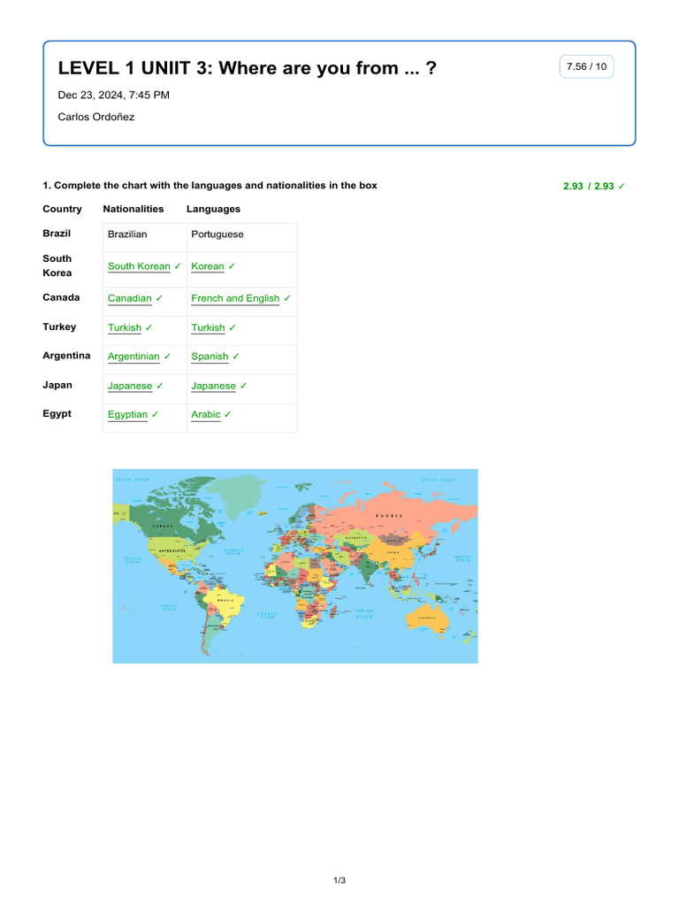 LEVEL 1 UNIIT 3 Where Are You From ... Carlos Ordonez | PDF