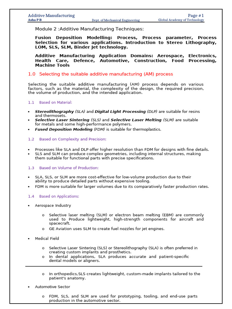Notes Module 2 -AM-PBA | PDF | 3 D Printing | Secondary Sector Of The ...