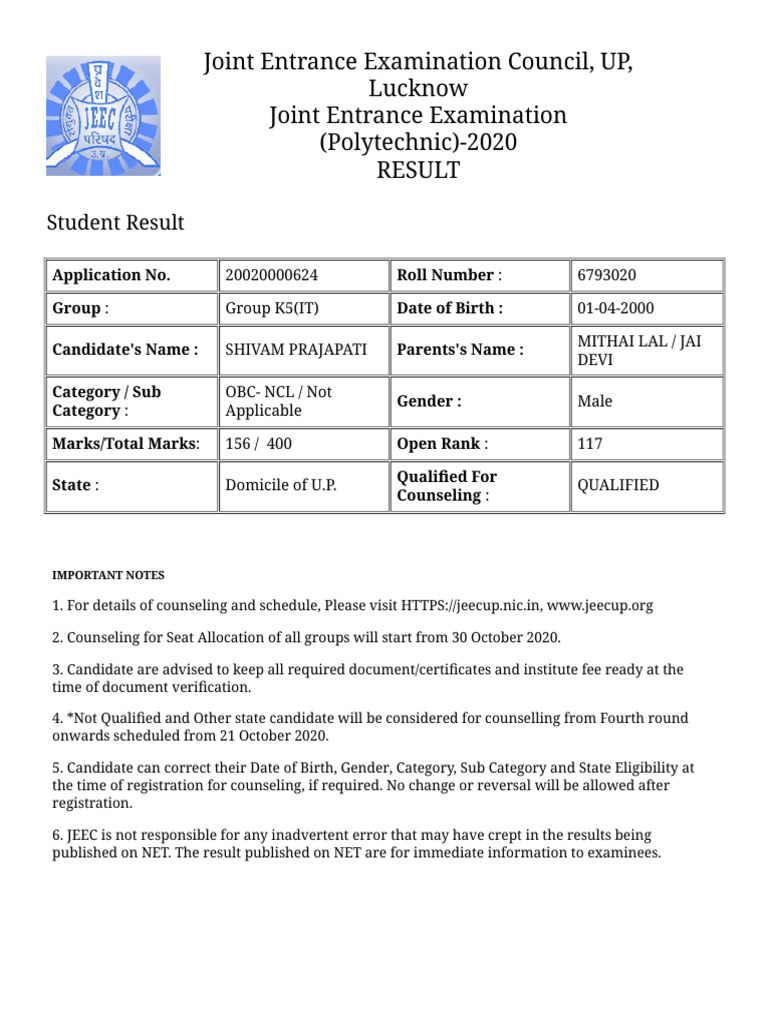 JEECUP 2020 Polytechnic Exam Results | PDF
