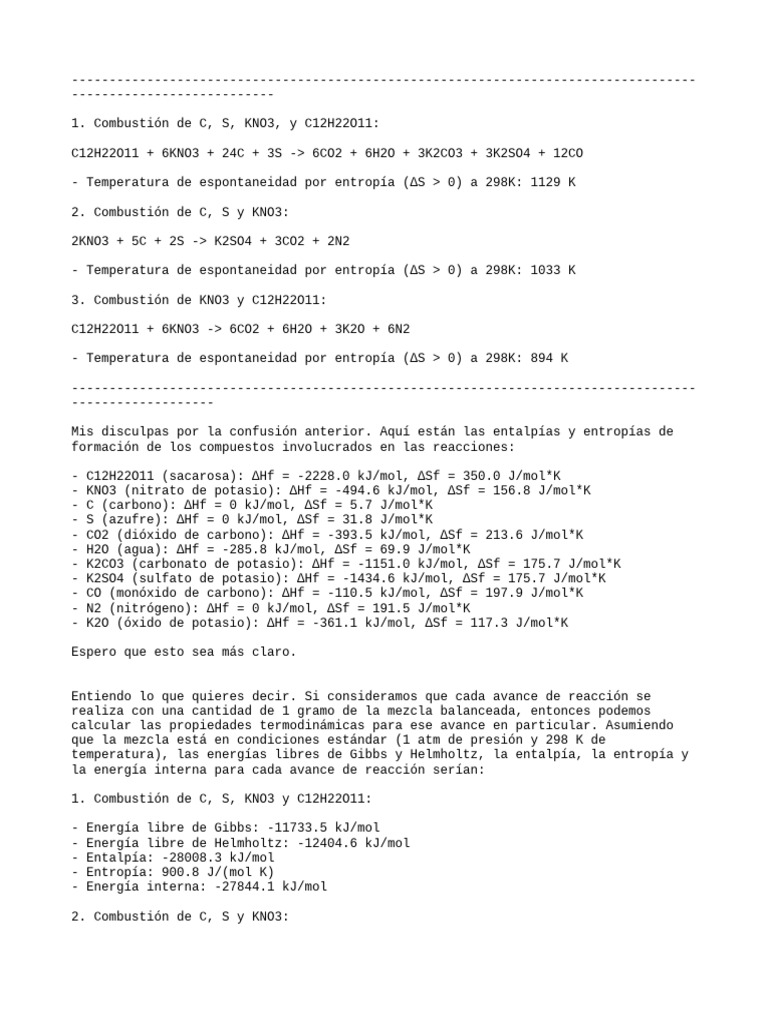 Cavilaciones Termodinamicas de un Combustible solido de Cohete, candy ...