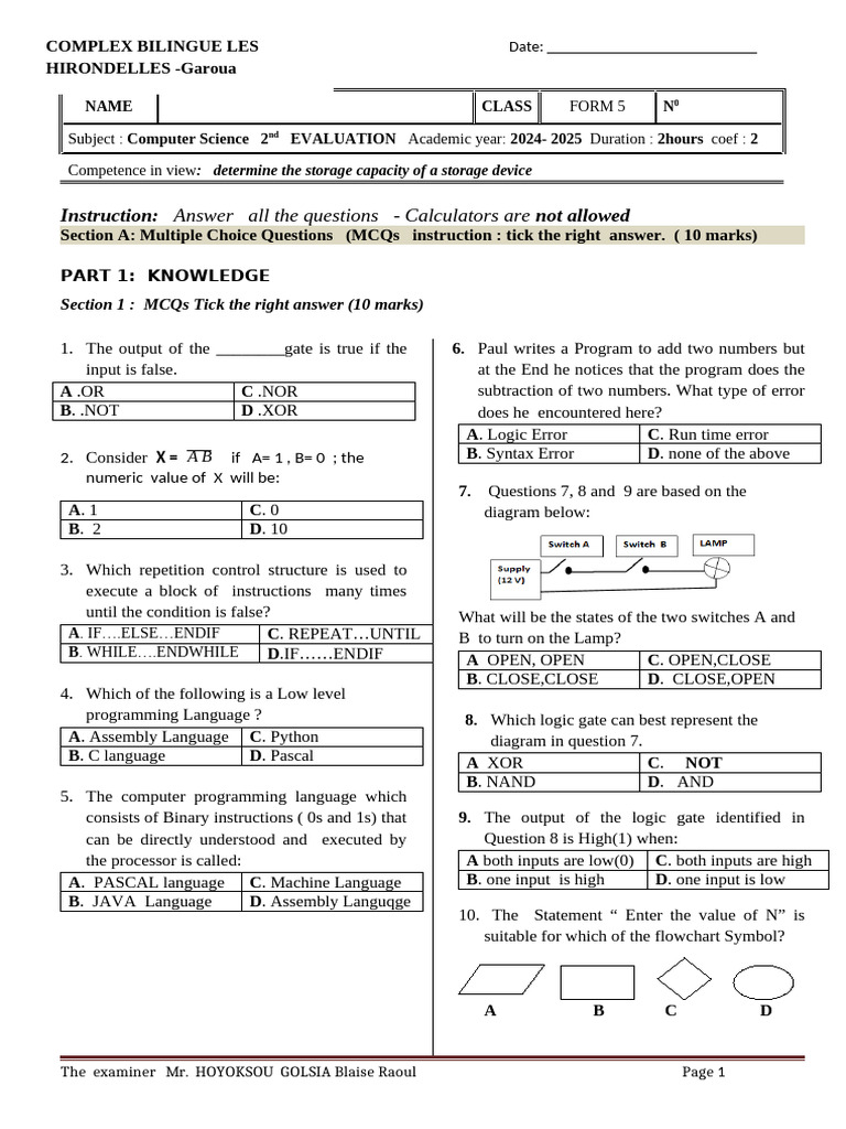 CSC Form5 2nd Evaluation HIRONDELLES 2024-2025 | PDF | Computing | Theoretical Computer Science