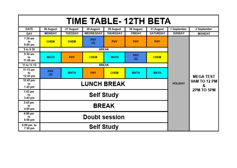 Time Table - 12 TH Beta (26.08 To 02.09) | PDF