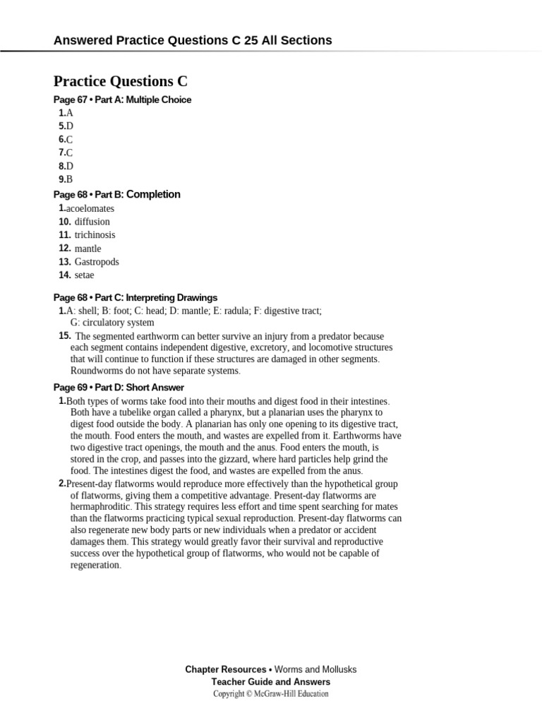 Answered Practice Questions C Worms and Mollusks 25 All | PDF