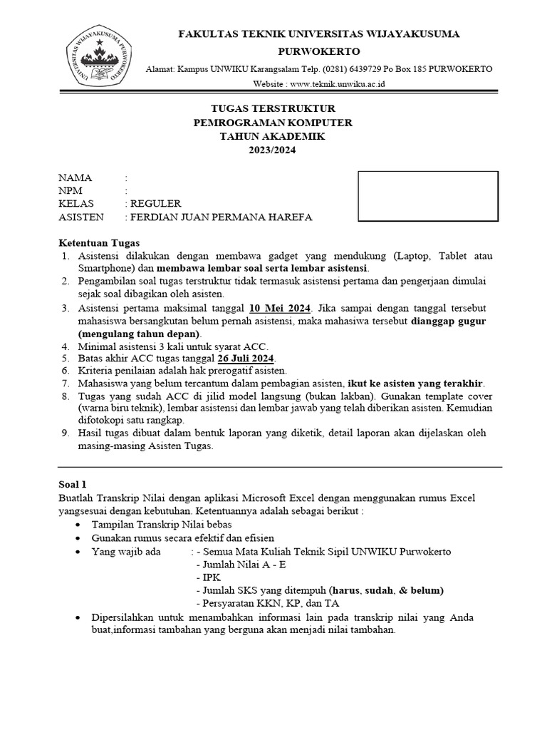 Soal Tugas Terstruktur Pemrograman Komputer 2024 | PDF