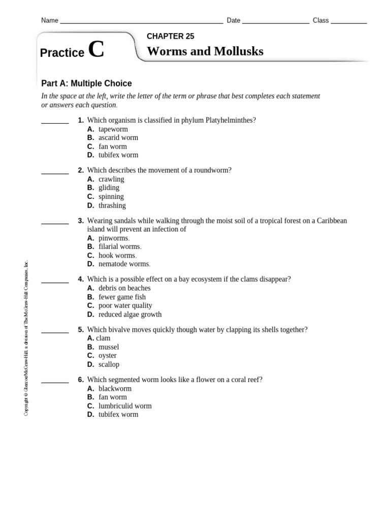 Practice_Questions_C_Worms_and_Mollusks_25_All | PDF | Mollusca