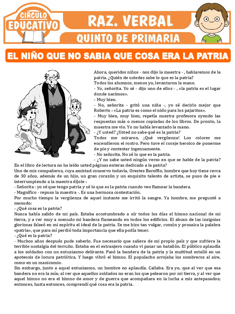 Lectura Sobre El Nino Que No Sabia Que Cosa Era La Patria para Quinto ...