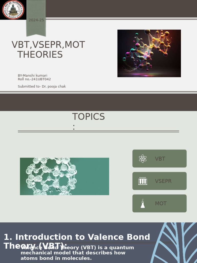 VBT, Vsepr, Mot Theories | PDF | Molecular Orbital | Covalent Bond