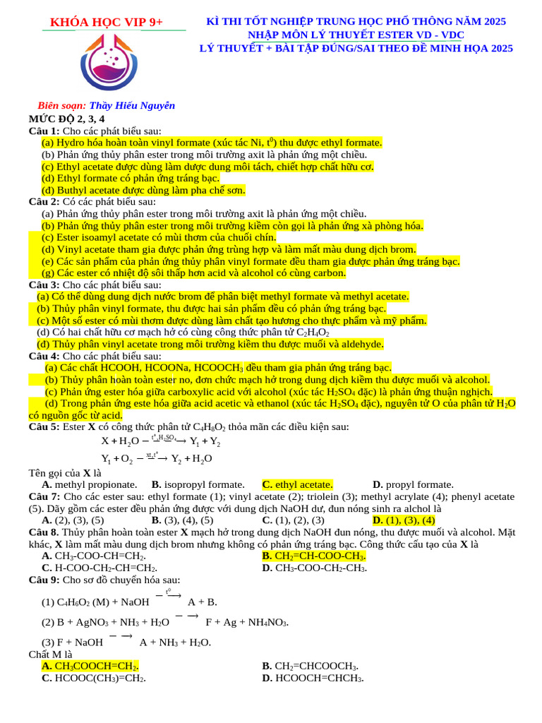 Lý Thuyết Este VD - VDC - 2024 | PDF