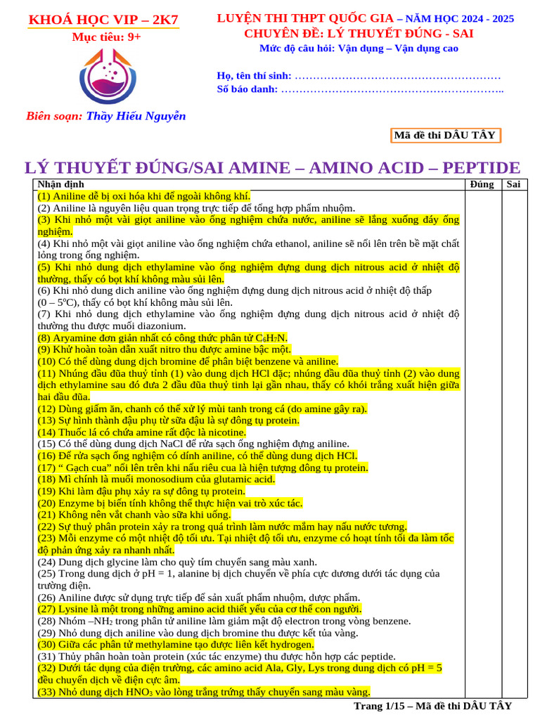 Lý Thuyết Đúng - Sai Amine - Amino Acid - Peptide | PDF