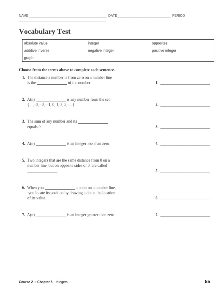 Vocabulary Test: Integers and Values | PDF