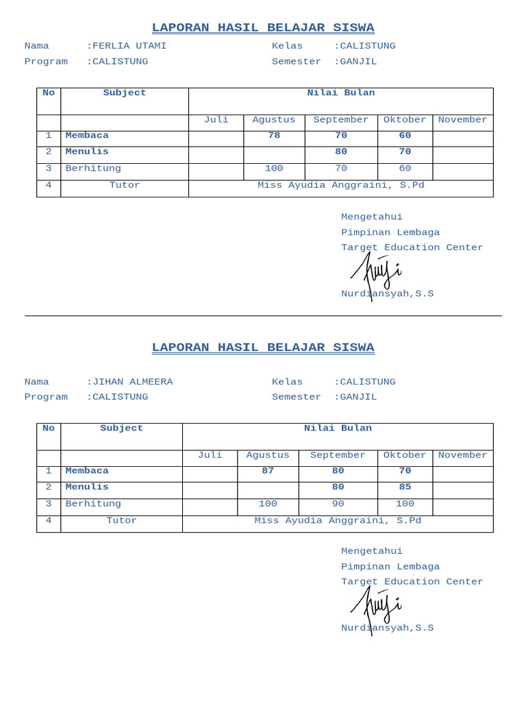 NILAI BULANAN CALISTUNG | PDF
