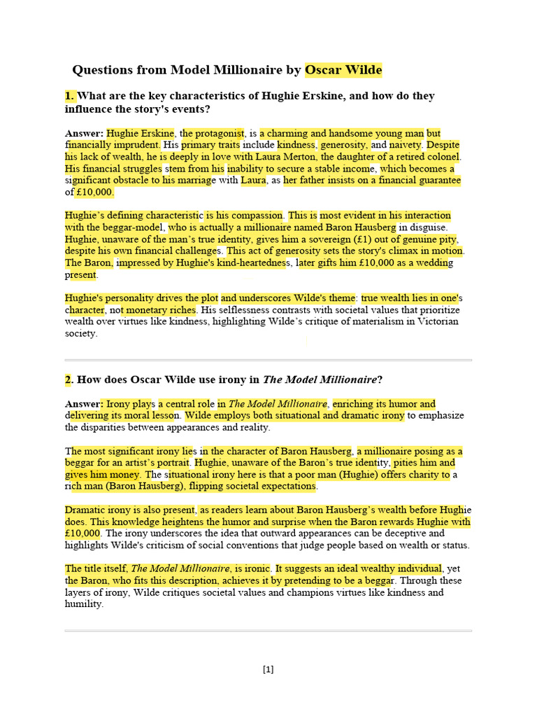 Model Millionaire Question and Answers | PDF | Irony | Virtue