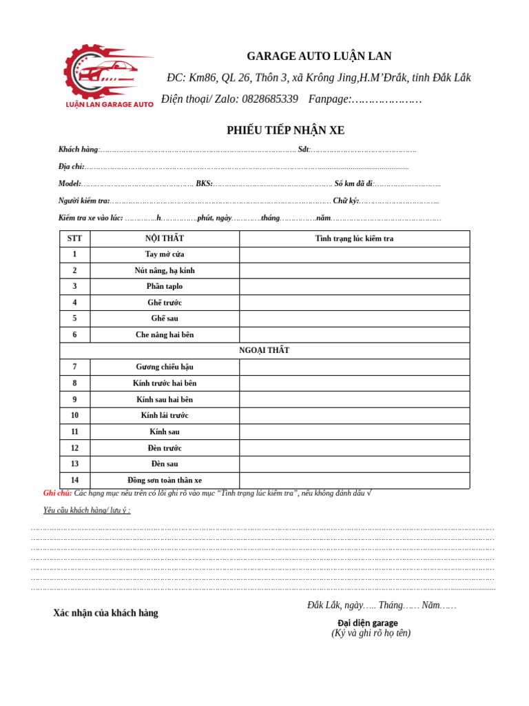 PHIẾU TIẾP NHẬN XE | PDF