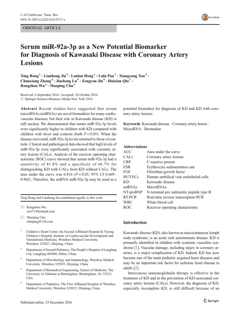 Serum Mir-92a-3p As A New Potential Biomarker For Diagnosis of Kawasaki Disease With Coronary ...
