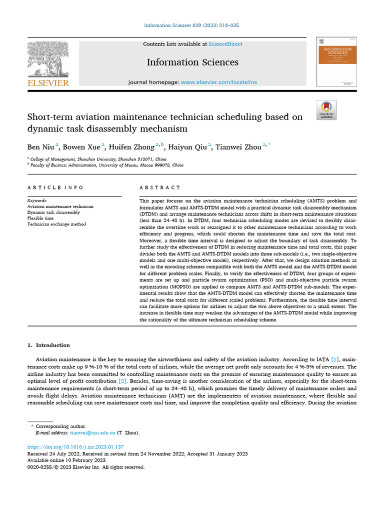 Short Term Aviation Maintenance Technician Scheduling Based On Dynamic Task Disassembly ...